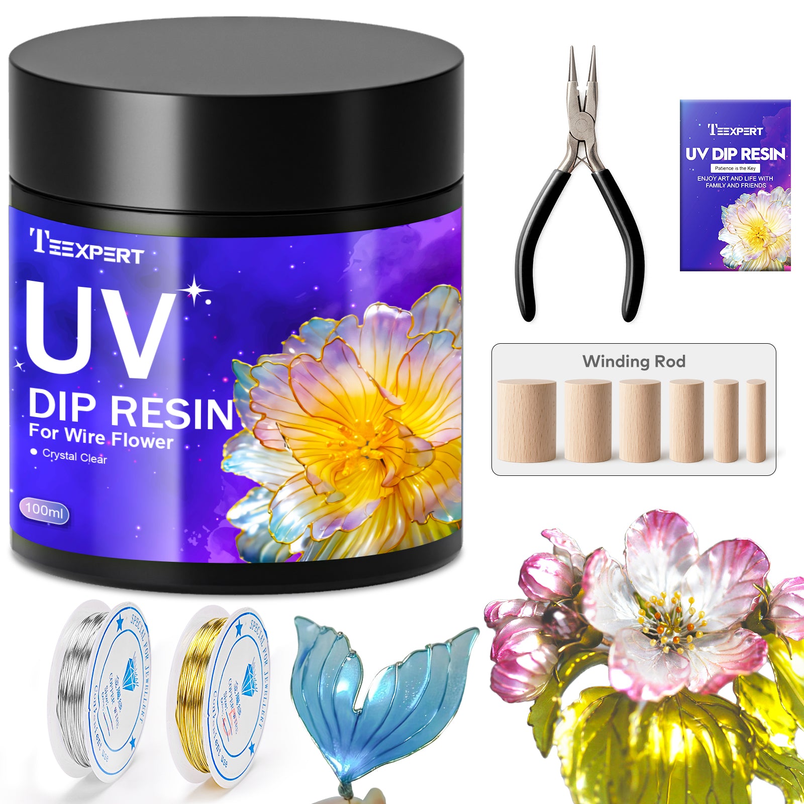 Teexpert UV Dip Resin for Wire Flowers Kit - 100g - with Winding Rods