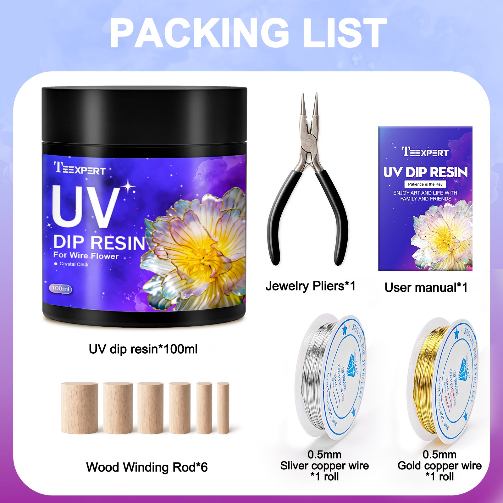 Teexpert UV Dip Resin for Wire Flowers Kit - 100g - with Winding Rods